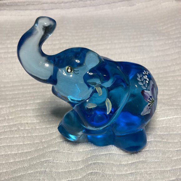 Fenton | Art | Fenton Art Glass Hand Painted Blue Elephant Trunk Up ...